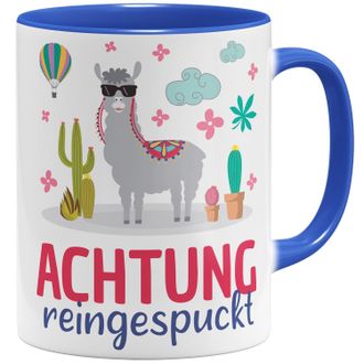 OM3 Achtung reingespuckt Alpaka Kaffee-Tasse mit Spruch - Lustige Lama Spruchtasse - Keramik Becher - 11oz 325ml - Beidseitig Bedruckt - Blau