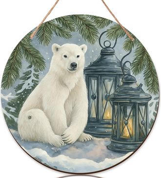 Generic Eisbär Willkommensschild für Haustür, Winter Natur Laternen Tannenzweige Winter Weiß Holz Willkommen Türschild für Veranda New Home Veranda Dekoration