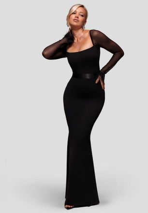 Goddiva Maxikleid Dobby Mesh Feather Sleeve Evening Maxi Dress Langes Kleid, Mesh-&Auml;rmel, Polka Dot Muster