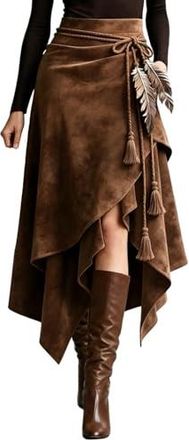 Generic Jupe en daim asym&eacute;trique pour femme - Style western boh&egrave;me - Taille haute - Vintage - Jupe de cowboy - Jupe trap&egrave;ze, marron, XXL