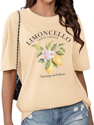 Heekpek T-shirt surdimensionn&eacute; pour femme - Col rond - Manches courtes - T-shirt d&eacute;t&eacute; en coton imprim&eacute; - T-shirt avec motif imprim&eacute; citron - D&eacute;contract&eacute; - D&eacute;c