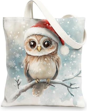 Generic Sac fourre-tout en toile r&eacute;utilisable avec motif hibou et oiseau de No&euml;l pour le shopping, 33 x 38 cm, jolie branche darbre de No&euml;l, sac d&eacute;picerie r&eacute;u