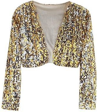 Generic 2026 Vestes pour femmes - Cardigan court &eacute;tincelant avec taille haute amincissant et manches longues d&eacute;contract&eacute;es, Argent&eacute;., Taille unique