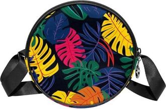 Generic Sac &agrave; bandouli&egrave;re rond pour femme, motif feuilles tropicales, sac &agrave; dos &agrave; bandouli&egrave;re avec fermeture &eacute;clair, bretelles r&eacute;glables, sac &agrave; main rond d&eacute;co