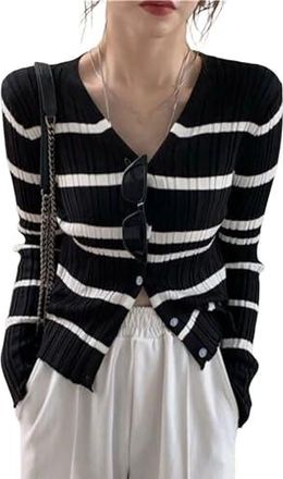 Generic Y2k Cardigan &agrave; rayures cor&eacute;ennes en tricot fin avec boutons d&eacute;contract&eacute;s et col en V pour femme, noir, Taille Unique