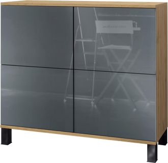 Vladon Kommode Rova V3, Moderner K&uuml;chenschrank mit 4 Push-to-Open T&uuml;ren Eiche Evoke/Grau Hochglanz (92,5 x 84.5 x 35)