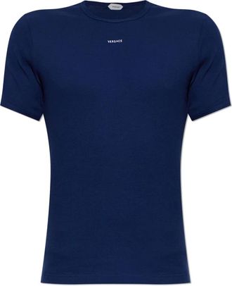Versace T-shirt en jersey de coton c&ocirc;tel&eacute; avec logo brod&eacute; - Homme - Tops - Bleu - Taille: M
