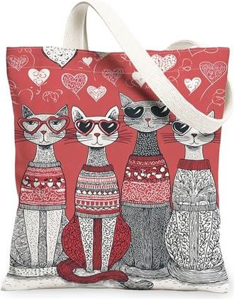 Generic Sacs fourre-tout en toile avec motif de chats mignons, sacs d&eacute;picerie r&eacute;utilisables, l&eacute;gers et lavables en toile pour le shopping ou, Rouge, 13x15 Inc