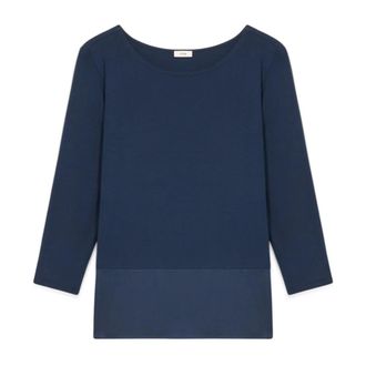 Oltre T-Shirt mit Satin-Einsatz - - Tops - Damen - Blau - 2XL