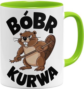OM3 witzige Kaffee-Tasse mit Spruch - Bobr Kurwa - viral Meme - Beaver - Biber - Bober - Keramik Becher - 325ml - Beidseitig Bedruckt - Hellgrün