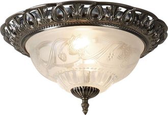 Globo Lighting Deckenlampe Deckenleuchte Wohnzimmerleuchte Schlafzimmerlampe, Landhaus Stahl Zink silber antik Glas Blumendekor, 2x E14 Fassungen, DxH 33x17cm