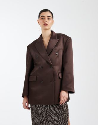 Asos Blazer oversize &agrave; double boutonnage en satin - Marron chocolat-Brown