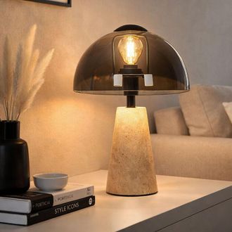 Globo Lighting Lampe de table LED Travertine pierre grise lampe de chevet verre fum&eacute; champignon lampe de table salon, 1x E14, DxH 20 x 31 cm