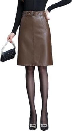 Generic Jupe en cuir noir pour femme - Taille haute - Jupe enveloppante - &Eacute;l&eacute;gante jupe de bureau, caf&eacute;, M