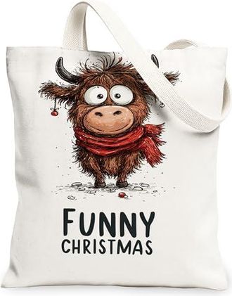 Generic Sacs fourre-tout en toile avec motif animal amusant de No&euml;l, motif vache fantaisie, sacs d&eacute;picerie r&eacute;utilisables, l&eacute;gers et lavables avec bandouli&egrave;re,