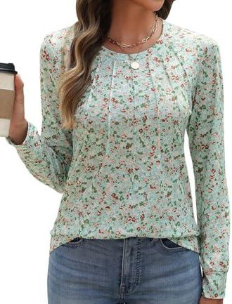 Heekpek PASUDA Chemisier Femme Manches Longues Tops Chic et Élégant T Shirts Col Rond Pullover Hauts Casual Chemisier Coton Tunique Imprimé Tee Blouse(Fleurs 