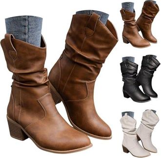 Generic Bottes pour femme - Bottes de cowboy britanniques pour femme - En cuir synthétique - Bottines de cowgirl marron - Bottines de cowboy mi-mollet avec ta