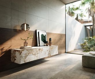 DELIFE Lowboard Cuor 180 cm Keramik Minas Melange Wei&szlig;-Beige 1 Klappe 2 Schubf&auml;cher Schwebend, Lowboards