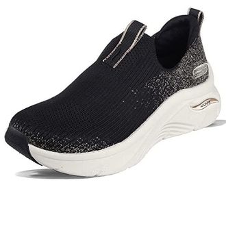 Skechers Pantoufles Arch Fit Dlux pour femme, Tricot noir avec bordure or rose, 38 EU