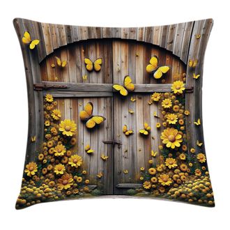 Generic Sofakissenh&uuml;llen Rustikale Holzscheune Mit Gelben Schmetterlingen Und Blumen - Romantisches Landhausflair Cushion Covers Fashion Zierkissenbez&uuml;ge Pill