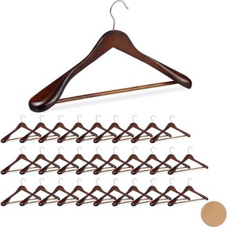 Relaxdays 30 x Anzug Kleiderb&uuml;gel im Set, breite Schulter, 360&deg; drehbarer Haken, B&uuml;gel mit Hosenstange, Holzkleiderb&uuml;gel, braun