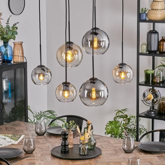 HOFSTEIN H&auml;ngeleuchte Koyoto, 6-flammige H&auml;ngelampe aus Metall/Glas in Schwarz/Rauch/Klar/Bernstein, Pendelleuchte im Retro/Vintage-Design (Schirme 15; 20 cm),