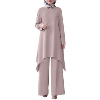 Generic Ensemble de v&ecirc;tements de d&eacute;tente pour femme 2 pi&egrave;ces en coton et lin - Tenue d&eacute;contract&eacute;e ample &agrave; manches 3/4 - Pantalon large taille haute avec poche