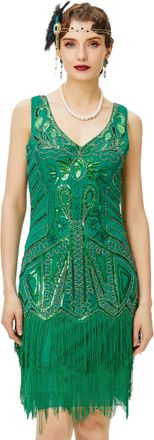 Babeyond Damen Kleid Retro 1920er Stil Flapper Kleider mit Zwei Schichten Troddel V Ausschnitt Great Gatsby Motto Party Kleider Damen Kostüm Kleid (Grün, XS)