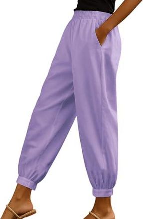 Generic Pantalon en coton et lin pour femme | Jambe large - Pantalon d&eacute;contract&eacute; &agrave; taille &eacute;lastique avec poches | Pour un usage quotidien, violet, 3XL