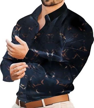 Generic Chemise habill&eacute;e &agrave; imprim&eacute; g&eacute;om&eacute;trique pour homme, chemise imprim&eacute;e feuille dor, chemises luxueuses et sophistiqu&eacute;es, chemises confortables &agrave; manches 