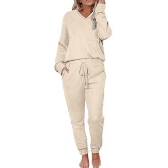 Generic Pyjama 2 pi&egrave;ces en tricot gaufr&eacute; pour femme - Manches longues et col en V - Chemises Henley d&eacute;contract&eacute;es - Pantalon de jogging en tricot avec poches,