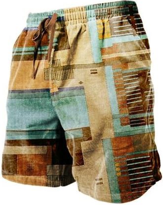 Generic Short hippie pour homme - Patchwork coloré - Imprimé - En coton et lin - Jambe large - Taille élastique - Cordon de serrage - Cordon de serrage, bleu,