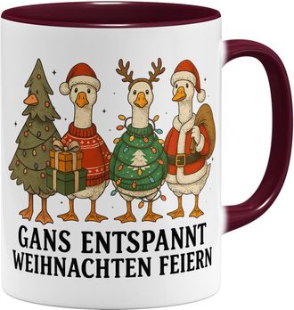 OM3 lustige Gans entspannt Weihnachten feiern Kaffee-Tasse mit Spruch - Weihnachtstasse G&auml;nsen im Weihnachtsoutfit - Keramik Becher - 325ml - Beidseitig B