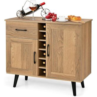 Costway Sideboard, K&uuml;chenschrank mit T&uuml;ren und Schubladen, K&uuml;chekommode im Landhausstil mit Weinregal f&uuml;r 6 Flaschen, Buffetschrank Weinschrank f&uuml;r K&uuml;che