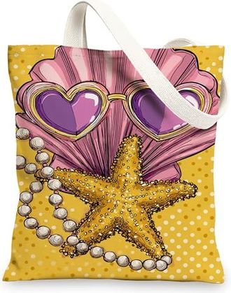 Generic Sacs fourre-tout en toile de mer, motif coquillage vintage, réutilisables, légers et lavables avec bandoulière, jaune, 13x15 Inch