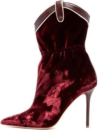 Generic Bottines pour Femme en Velours Bordeaux &agrave; Bout Pointu, Bottines Courtes Sexy &agrave; Talon Aiguille et Empi&egrave;cements &eacute;lastiques, Chaussures &agrave; Enfiler pour Ma
