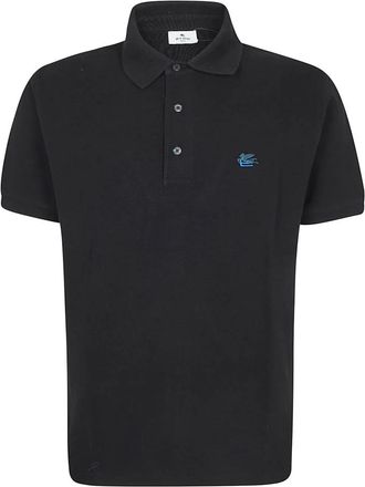 Etro Homme, Tops, Noir, Taille: M Polo en Piqu&eacute; de Coton avec Broderie Pegaso