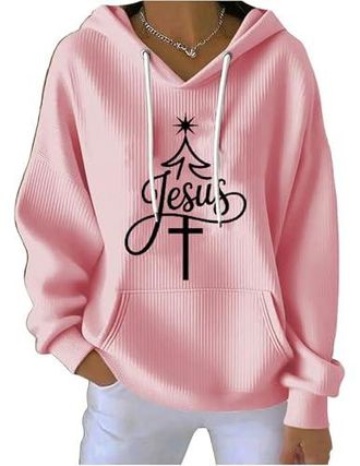 Generic Sweat à capuche décontracté imprimé foi de Noël pour femme Jésus arbre de Noël foi croix pull à capuche, rose, 3XL