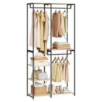 Woltu Porte-manteau avec Étagère de Rangement, Penderie Vêtement Industrielle avec Cadre Métallique, 90x40x204,5 cm,en Bois MDF et en Métal, Chêne Clair + N