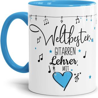 Tassendruck Berufe Tasse - Weltbester Gitarren Lehrer - Geschenk für den weltbesten Musiklehrer, Musikunterricht, Lehrer - Keramik Innen & Henkel Hellblau, 300 ml