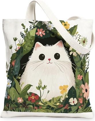 Generic Sac fourre-tout en toile motif chat persan printanier pour faire du shopping, 33 x 38,1 cm, sac d&eacute;picerie r&eacute;utilisable pour femme, joli motif de feuil