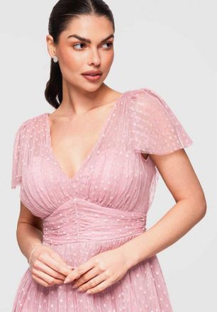 Ombre Abendkleid Midi Kleid Ausgestellt V-Ausschnitt Cocktailkleid Dark pink L (kein Set, 1-tlg) Mehrlagige Konstruktion, transparente Netzstruktur
