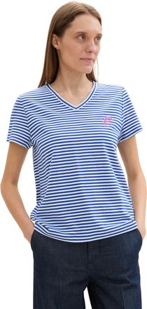 Tom Tailor Damen Basic T-Shirt mit Stickerei, royal offwhite stripe, XL