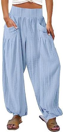 Generic Pantalon baggy décontracté en coton et lin pour femme - Coupe ample - Jambe large - Pantalon de jogging - Pantalon sarouel à enfiler - Confortable - S