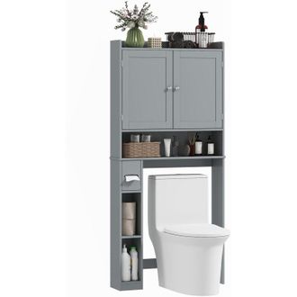 HOMCOM Meuble WC dessus de toilette ou machine &agrave; laver - HOMCOM - 2 portes, 3 niches, porte-papier toilette - MDF - 80x19,5x170cm - gris