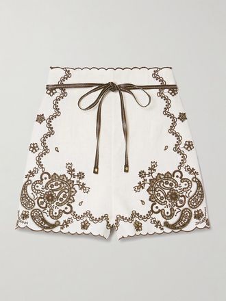 Zimmermann Short En Lin À Broderie Anglaise Et À Finitions En Cuir Ascension - Crème