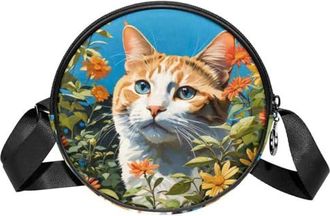Generic Petit sac &agrave; bandouli&egrave;re rond pour femme, motif chat et fleur, sac &agrave; dos avec fermeture &eacute;clair, bretelles r&eacute;glables, sac &agrave; main rond d&eacute;contract&eacute; pour f