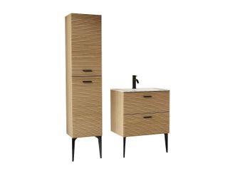 Vente-Unique Badezimmerm&ouml;bel geriffelt stehend mit Einbauwaschbecken, Armatur und Hochschrank - 2 Schubladen - Natur hell - 60 cm - SARONE