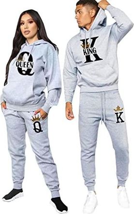Minetom King Queen Imprimé Survêtement Couple Ensemble de Sport Jogging Femme Homme Manches Longues Hoodie Sweat à Capuche et Pantalon 2 Pièces Set Gris Queen