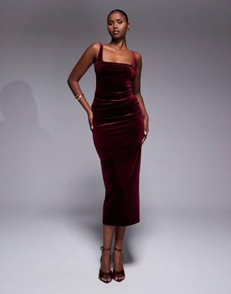 Asos Robe mi-longue en velours avec encolure incurvée - Framboise-Rouge